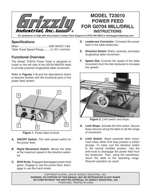 model t23010 power feed for g0704 mill/drill instructions - Grizzly.com