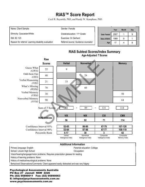 RIAS™ Score Report - Psychological Assessments Australia