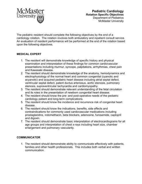 Pediatric Cardiology - McMaster Pediatrics Residency Program