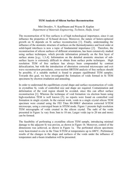 TEM Analysis of Silicon Surface Reconstruction Miri Drozdov, Y ...