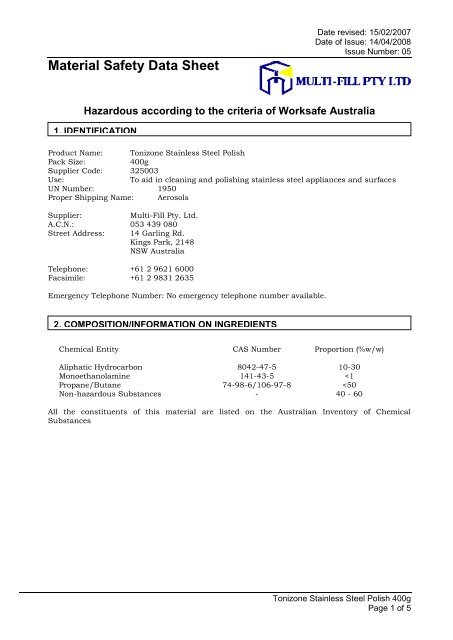 Tonizone - Stainless Steel Polish - msds - Perth Cleaning Supplies
