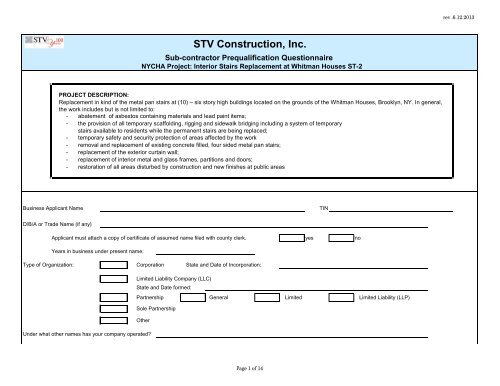 sub-contractor pre-qualification questionnaire for ... - STV Group, Inc.