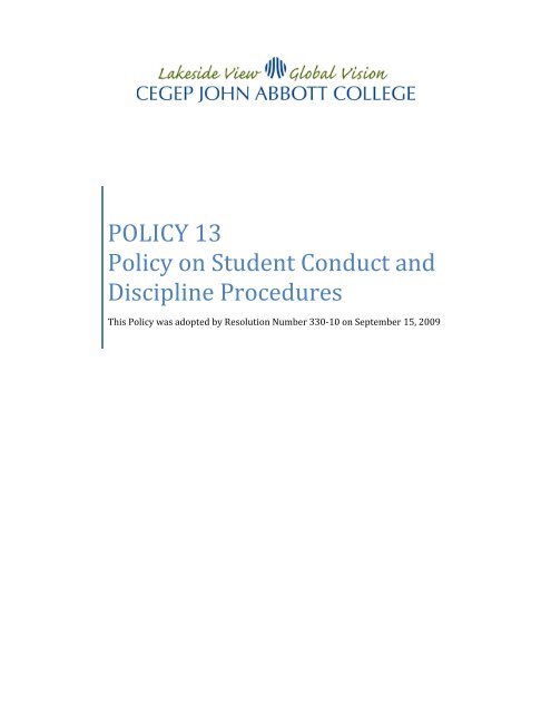 POLICY 13 Policy on Student Conduct and Discipline Procedures