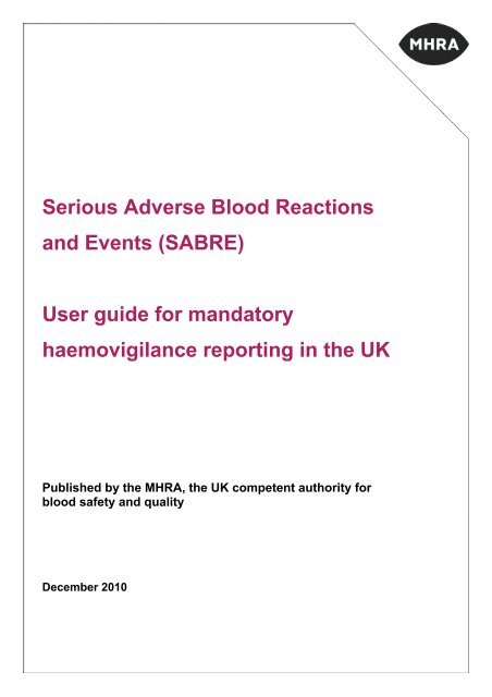 SABRE â A user guide - Serious Hazards of Transfusion