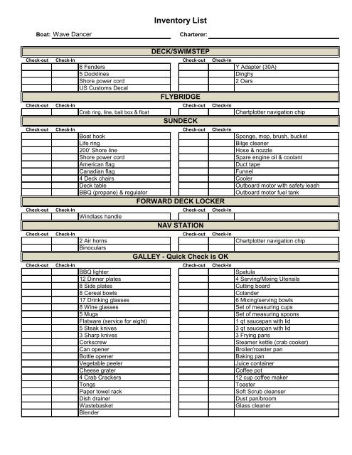 Inventory List - Ship Harbor Yacht Charters
