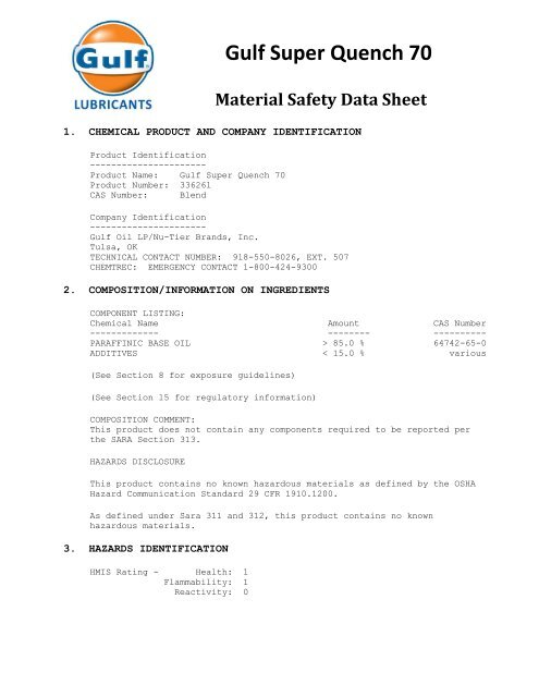 Material Safety Data Sheet Gulf Super Quench 70