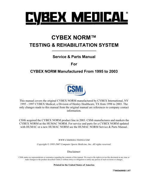 7700D600B CYBEX NORM Service & Parts Manual - CSMi Solutions