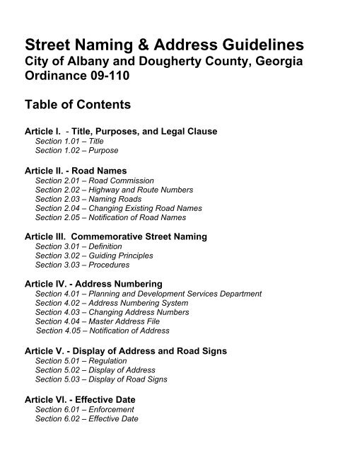 Address Ordinance - City of Albany, Georgia