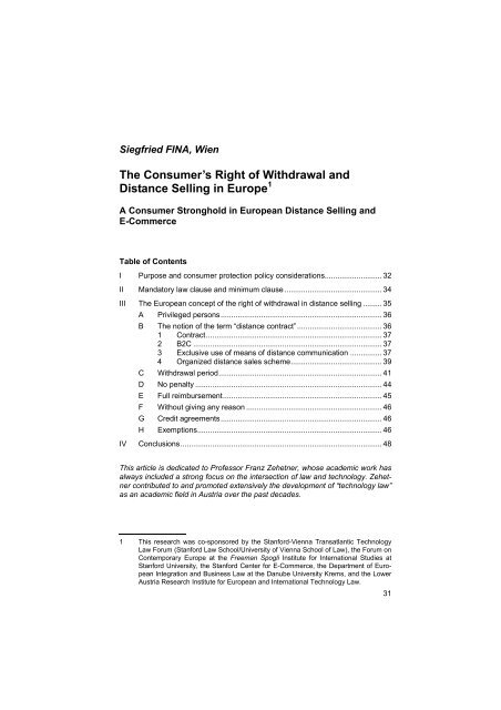 The Consumer's Right of Withdrawal and Distance Selling in Europe1