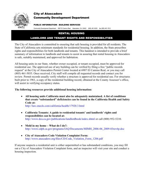 Landlord Tenants Rights and Responsibilities - City of Atascadero