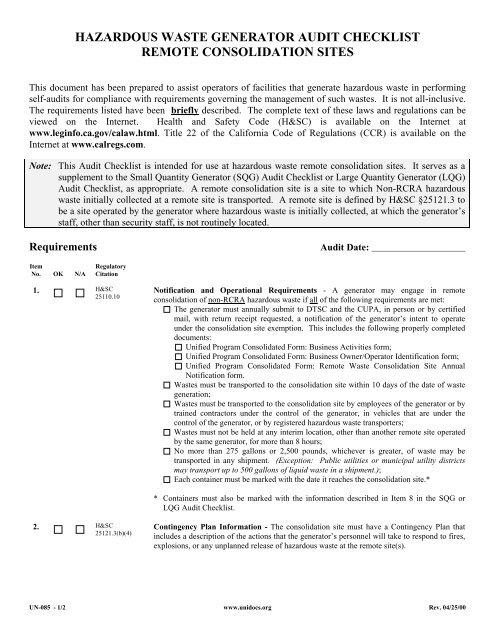 Hazardous Waste Generator Audit Checklist - Unidocs