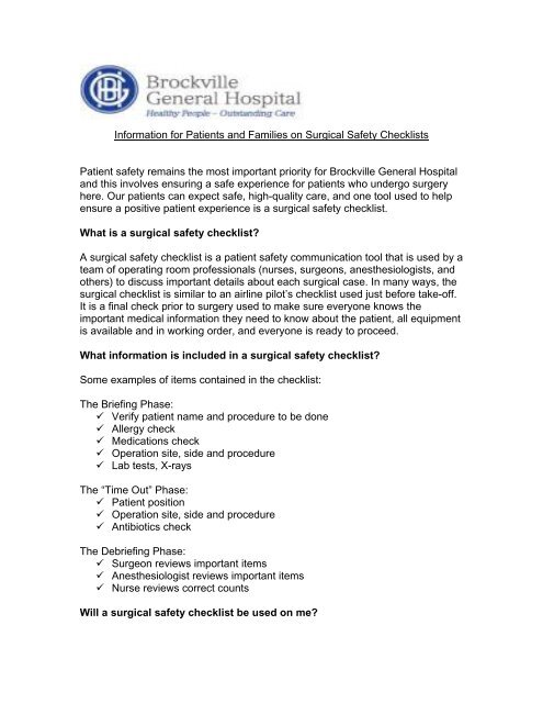 Information for Patients and Families on Surgical Safety Checklists ...
