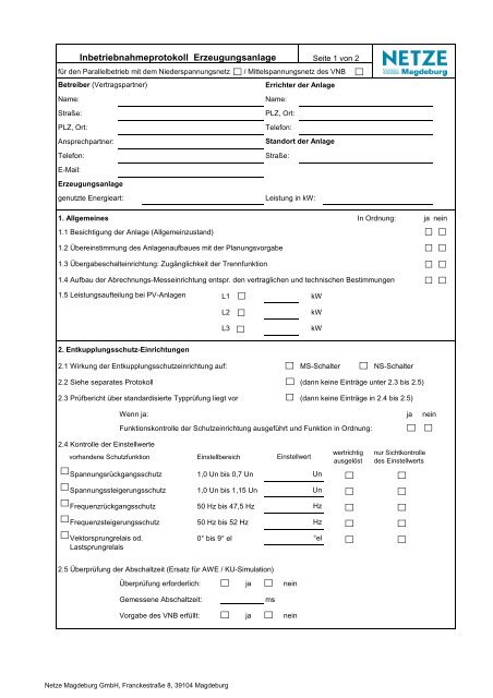 Inbetriebsetzungsprotokoll EEG-Anlagen - SWM Netze