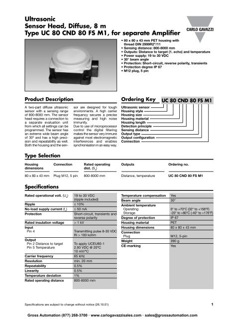 Ultrasonic Sensor Head, Diffuse, 8 m Type UC 80 ... - Carlo Gavazzi