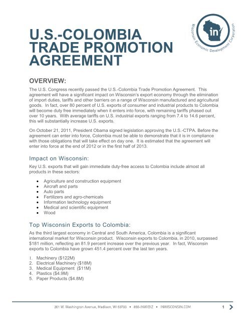 U.S.-COLOMBIA TRADE PROMOTION AGREEMENT - In Wisconsin
