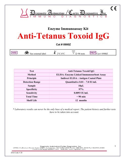 Anti-Tetanus Toxoid IgG - ELISA kits - Rapid tests