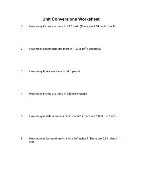 Unit Conversions Worksheet