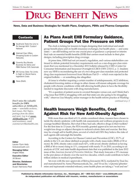 As Plans Await EHB Formulary Guidance, Patient Groups - AIS Health