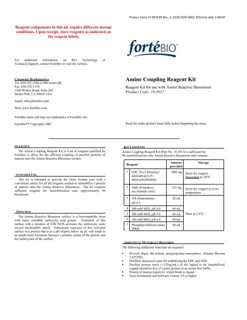 Amine Coupling Reagent Kit - ForteBio