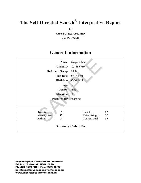 SDS Interpretive Report - Psychological Assessments Australia