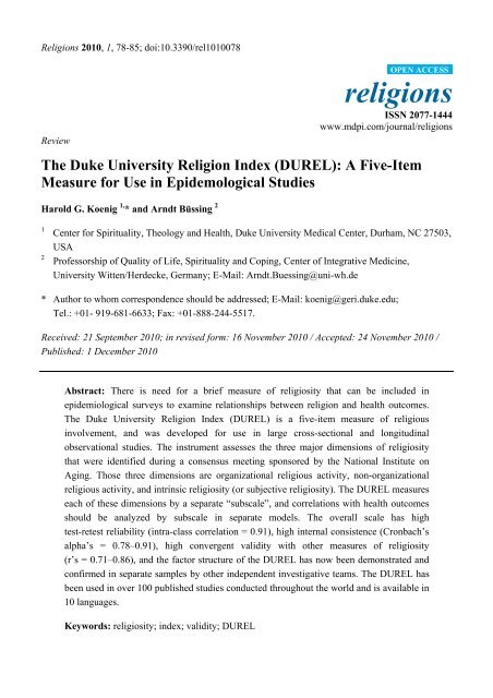 The Duke University Religion Index (DUREL): A Five-Item Measure ...