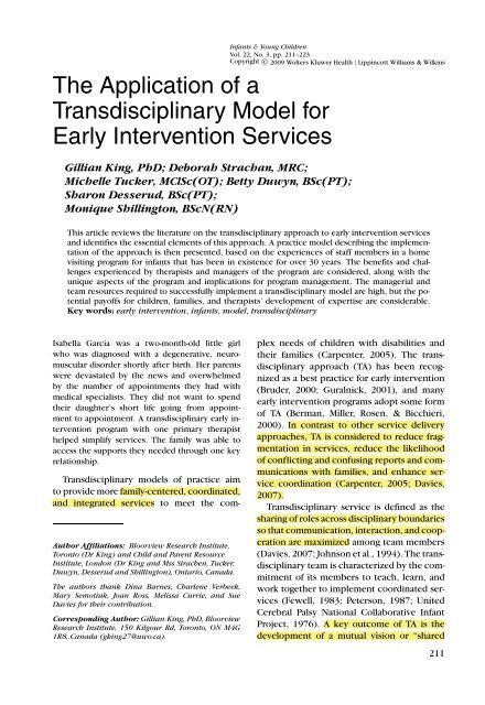 The Application of a Transdisciplinary Model for Early Intervention ...