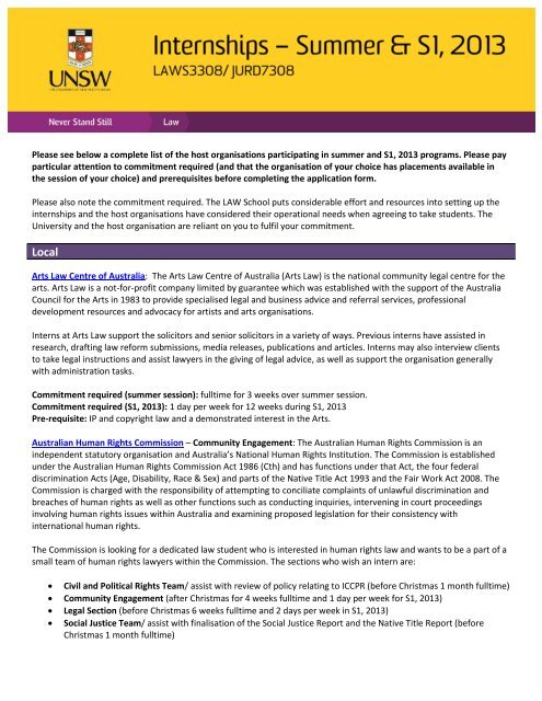 Summer & Semester 1 2013 Host Organisation List - UNSW Law