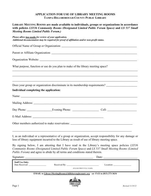 Application for Use of Library Meeting Room - Hillsborough County ...
