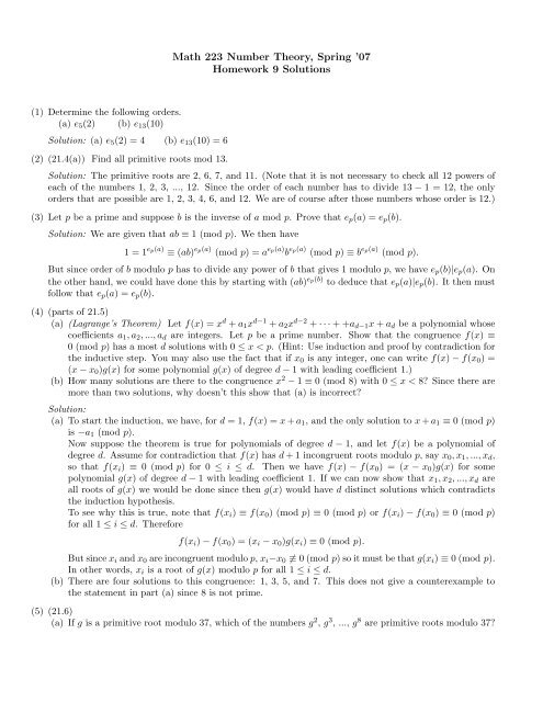 Math 223 Number Theory, Spring '07 Homework 9 Solutions