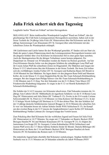Julia Frick sichert sich den Tagessieg - Skiclub Hinterzarten