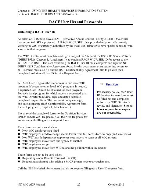 RACF User IDs and Passwords - North Carolina Nutrition Services ...