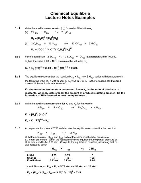 Chemical Equilibria Lecture Notes Examples