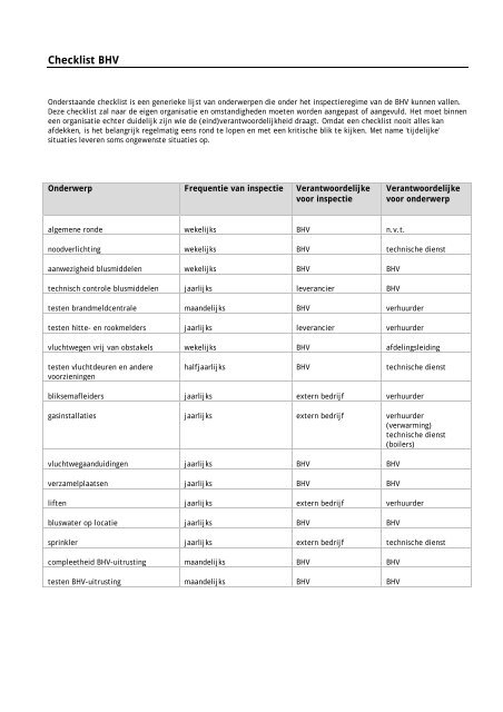 Checklist BHV - Arbo Online