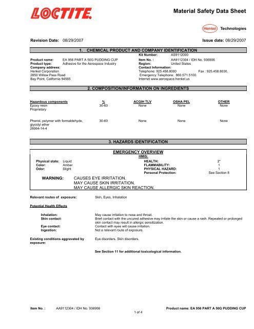 Material Safety Data Sheet - ABLE Aerospace Adhesives