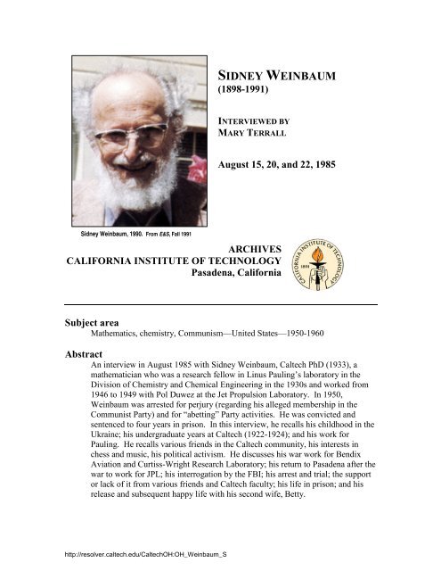 Interview with Sidney Weinbaum - Caltech Oral Histories
