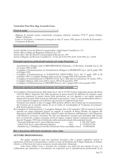 Curriculum Vitae Dott. Rag. Leonardo Cossu Titoli di ... - SABAF S.p.A.