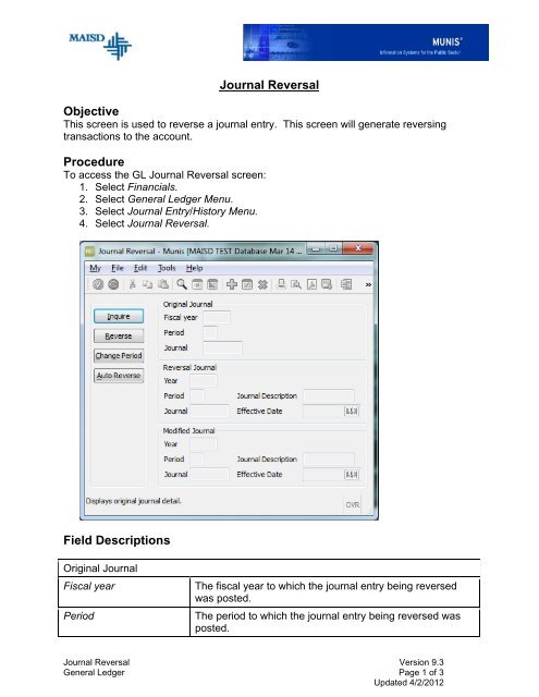 Journal Reversal Objective Procedure Field Descriptions 