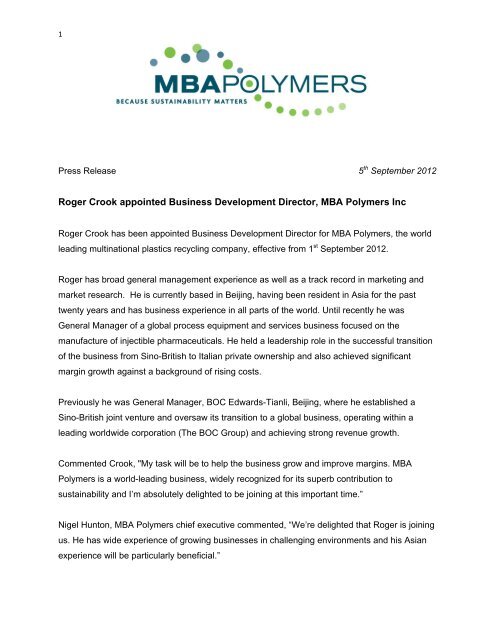 Roger Crook appointed Business Development Director, MBA ...
