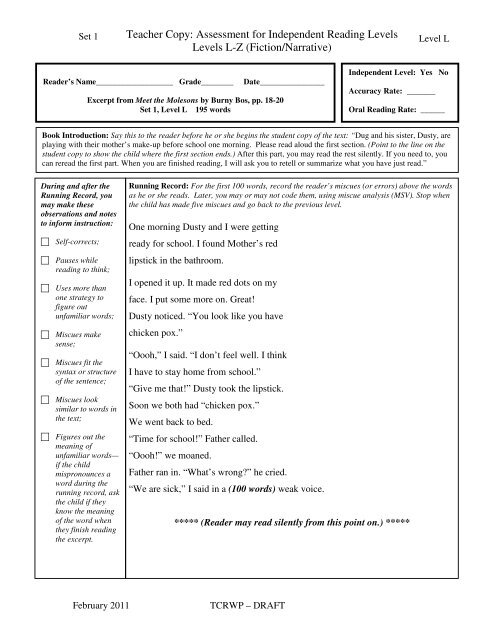 Teacher Copy: Assessment for Independent Reading Levels Levels ...