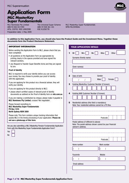MLC MasterKey Super Fundamentals Application Form