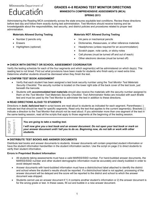 Reading MCA Grades 4-8 Paper Test Monitor Directions (2013)
