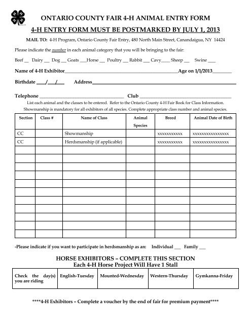 Ontario County Fair 4-H Animal Entry Form