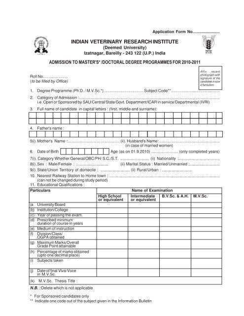 a.) Application Form - Indian Veterinary Research Institute
