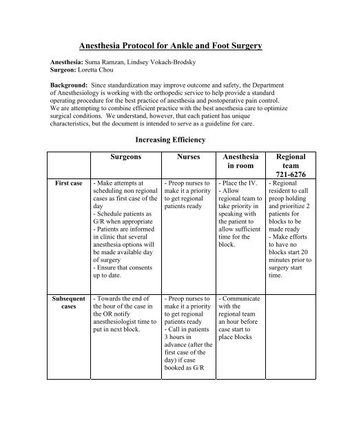 Anesthesia Protocol for Ankle and Foot Surgery - Ether