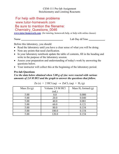 CEM-111 Pre-lab Assignment Stoichiometry and Limiting Reactants ...