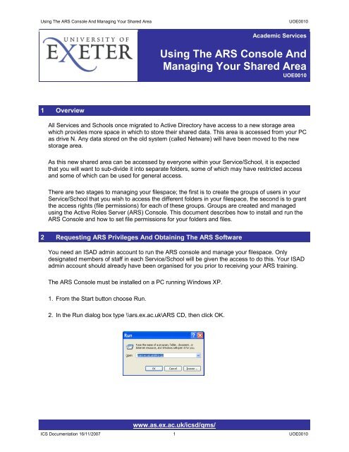 Using The ARS Console And Managing Your Shared Area