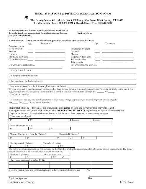 HEALTH HISTORY & PHYSICAL EXAMINATION FORM Continued ...