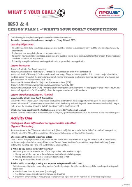 KS3 & 4 LeSSon PLan 1 – 'What'S Your GoaL?' ComPetition - Npower