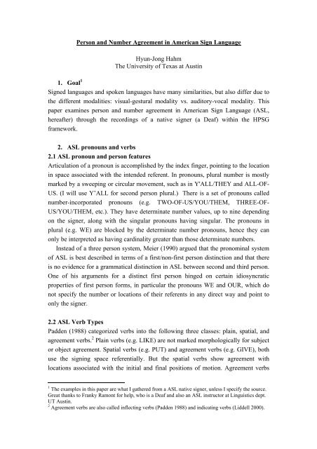 Person and Number Agreement in American Sign Language Hyun ...