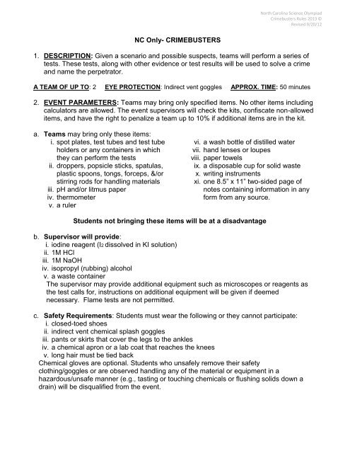 2013 Crimebusters Rules - North Carolina Science Olympiad